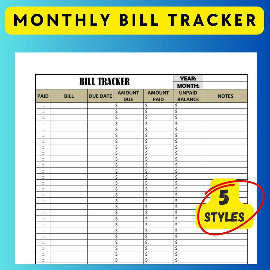 Bill Tracker Printable PDF | 5 Styles Budget Planner | Monthly Bill ...