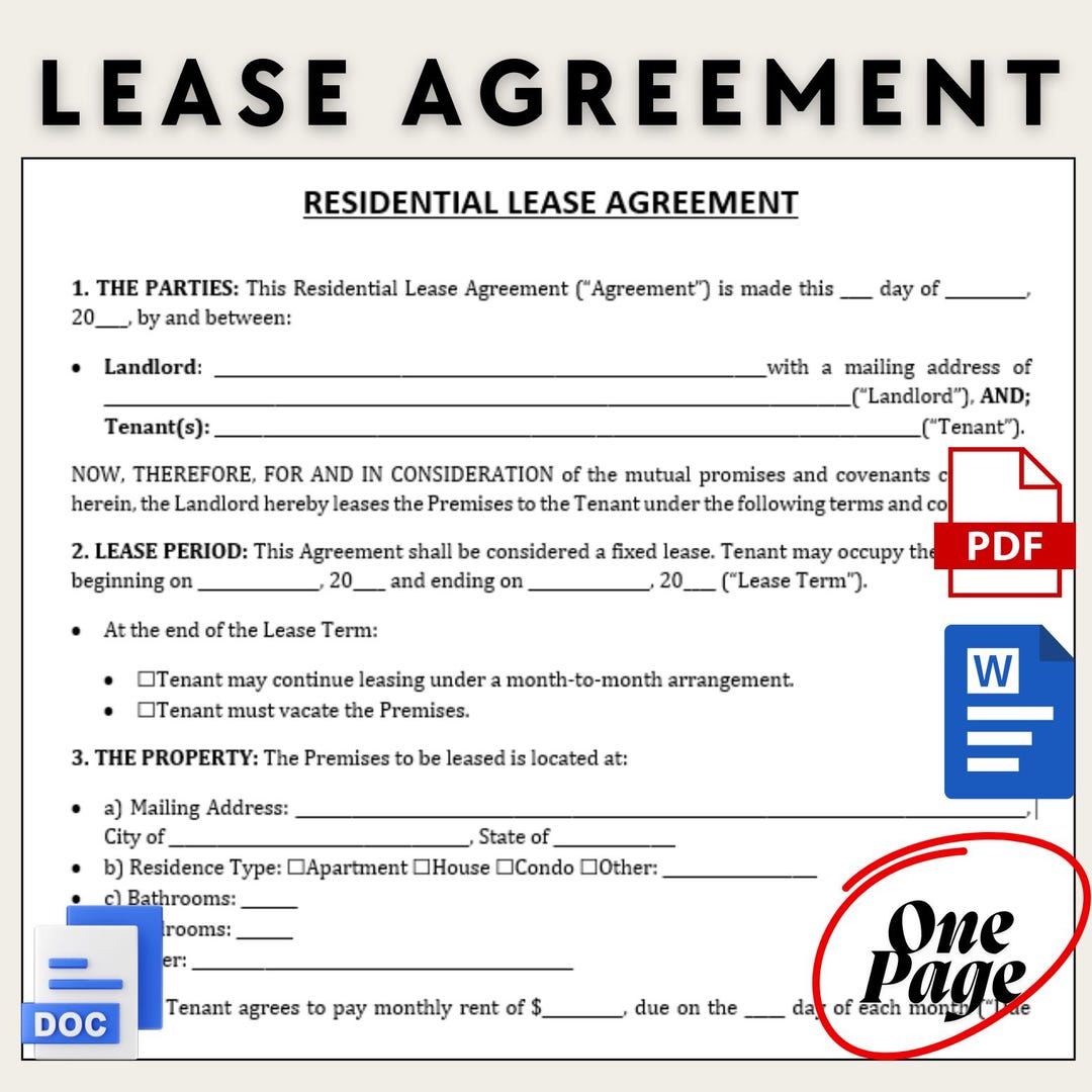 Rental Agreement Template - One Page Lease, Editable Landlord Form ...