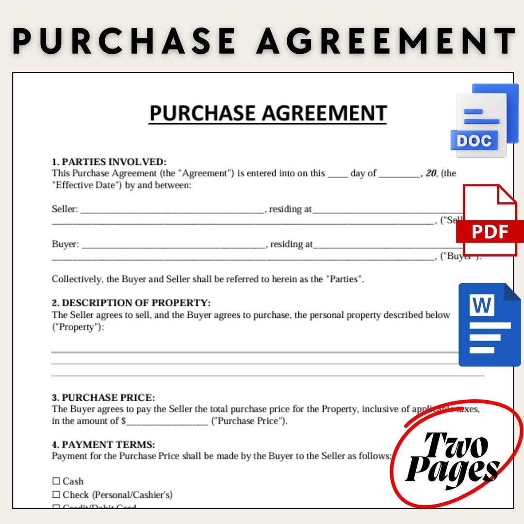 Editable Purchase Agreement Template: Printable Sales Contract (instant ...