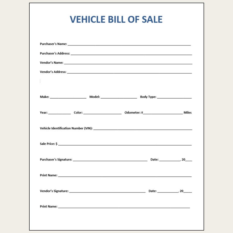Printable Vehicle Bill Of Sale Template Editable Contract Instant