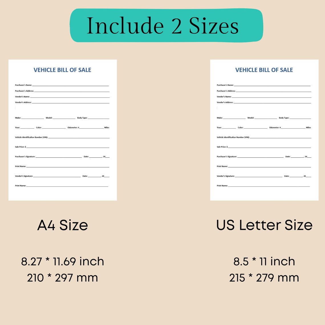 Printable Vehicle Bill of Sale Template – Editable Contract (instant ...