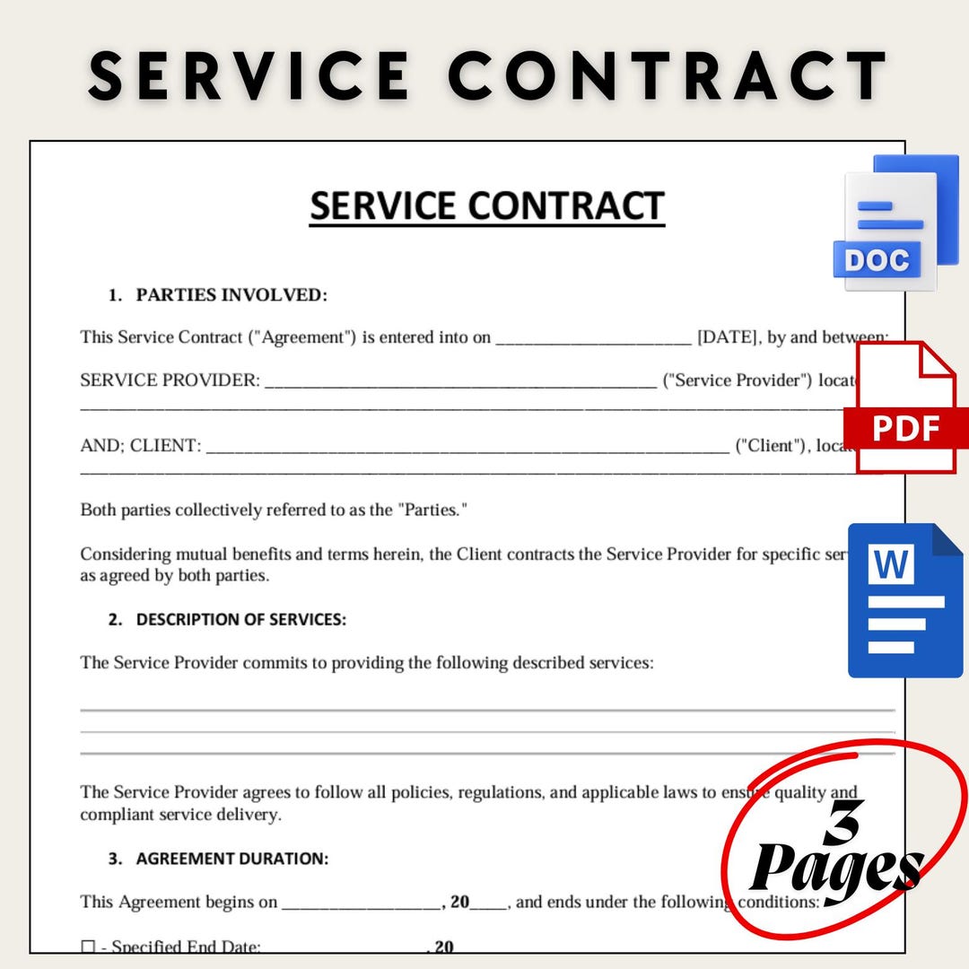 Professional Service Contract Template, Editable Service Agreement ...