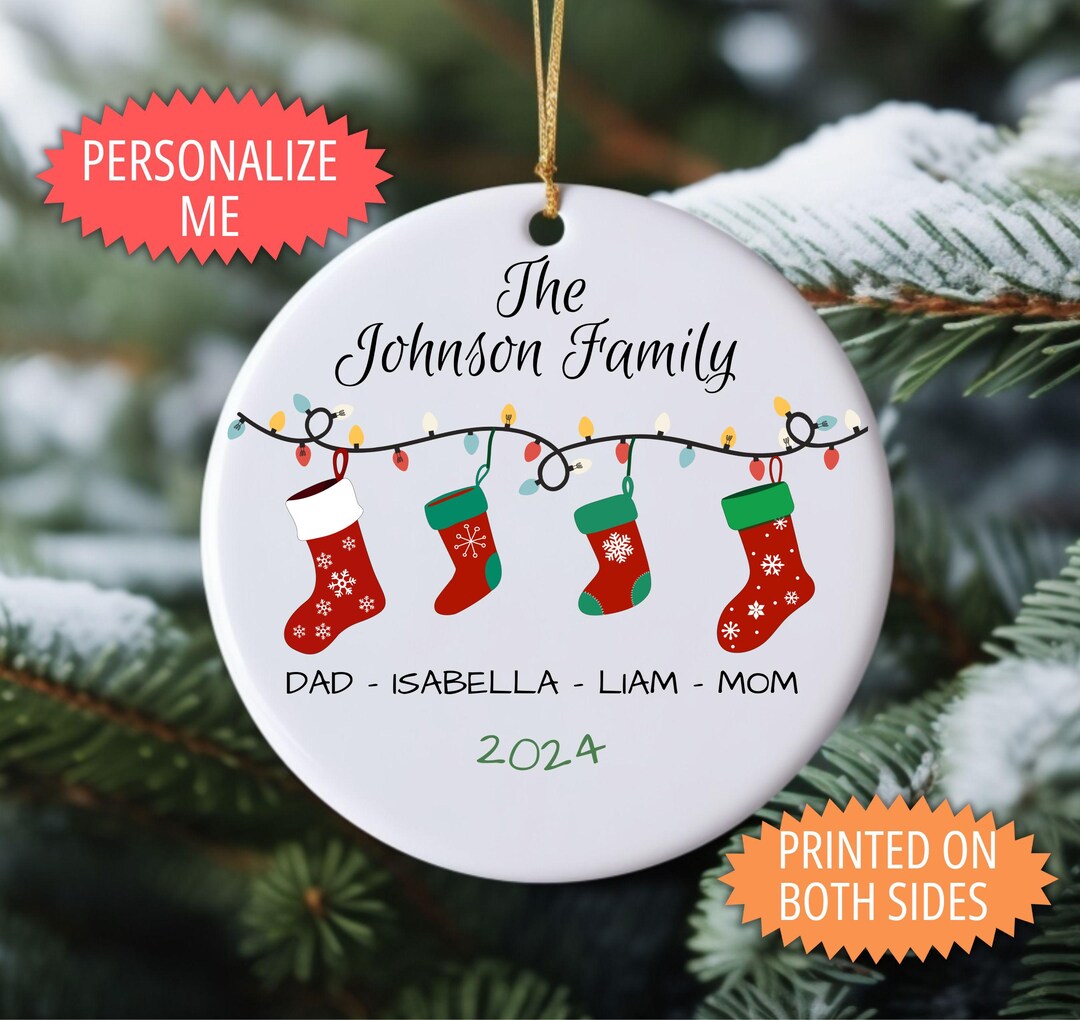 Personalized Family of 4 Ornament, 4 Stockings on Lights, Ceramic ...