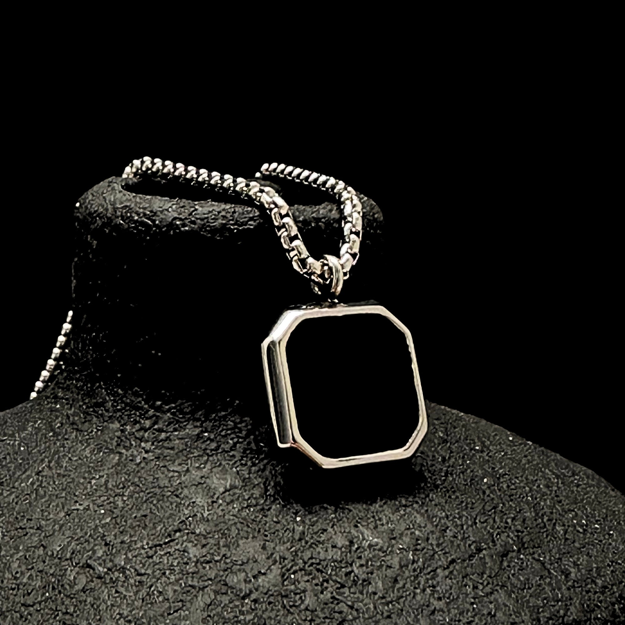 Black Onyx Necklace for Men Back Engraved Black Onyx Pendant Hanging on ...