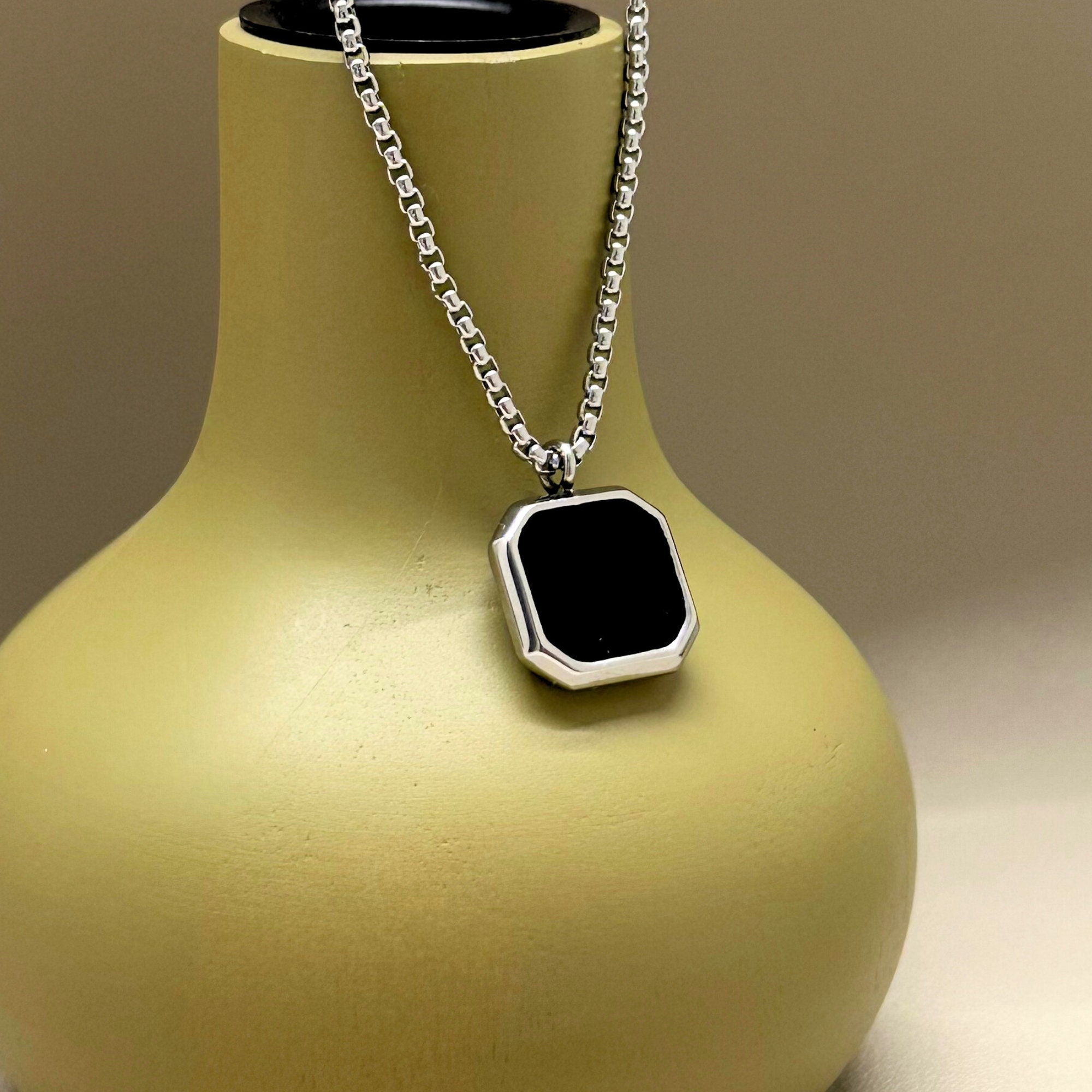 Black Onyx Necklace for Men Back Engraved Black Onyx Pendant Hanging on ...