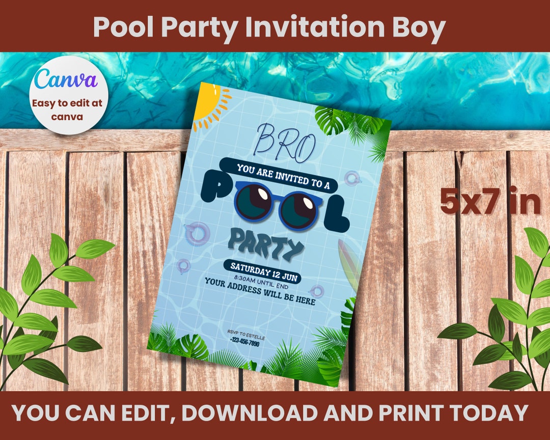 Editable Pool Party Invitation, Swimming Party Canva Template Instant ...