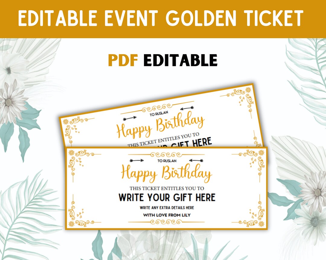 Editable Event Golden Ticket: Surprise Birthday Gift (instant Download ...