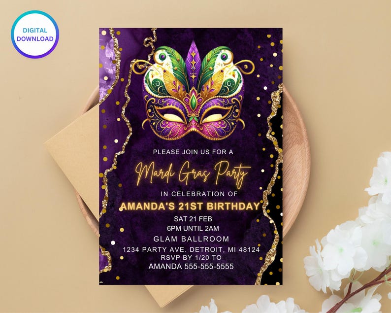 Mardi Gras Birthday Invitation: Masquerade Carnival Evite (canva ...