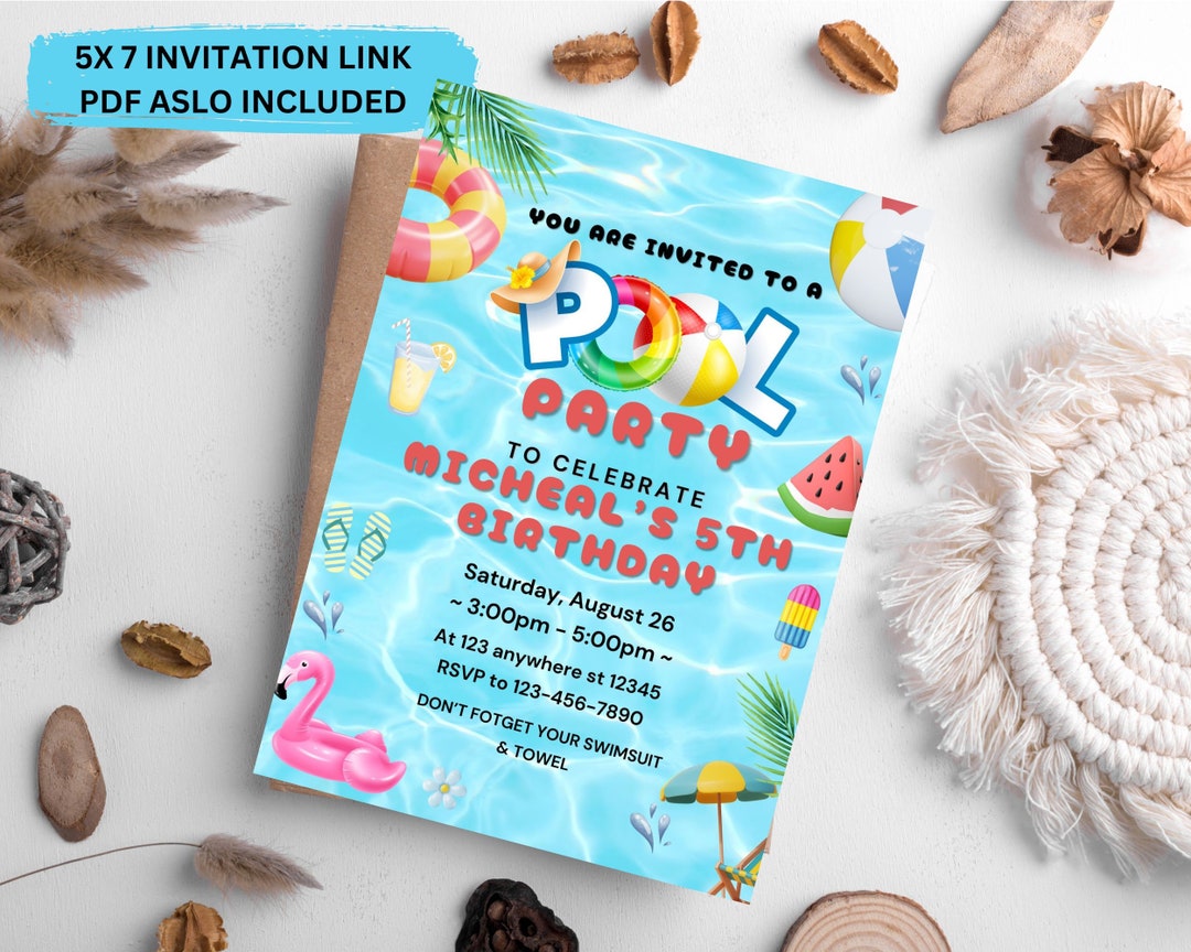 Editable Pool Party Invitation, Swim Party Invite, Tropical Birthday ...