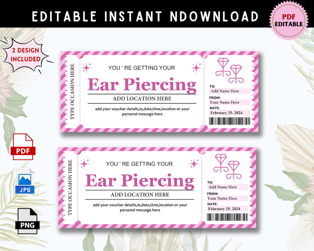 Ear Piercing Ticket Template, Ear Pierce Printable Coupon, Piercing ...
