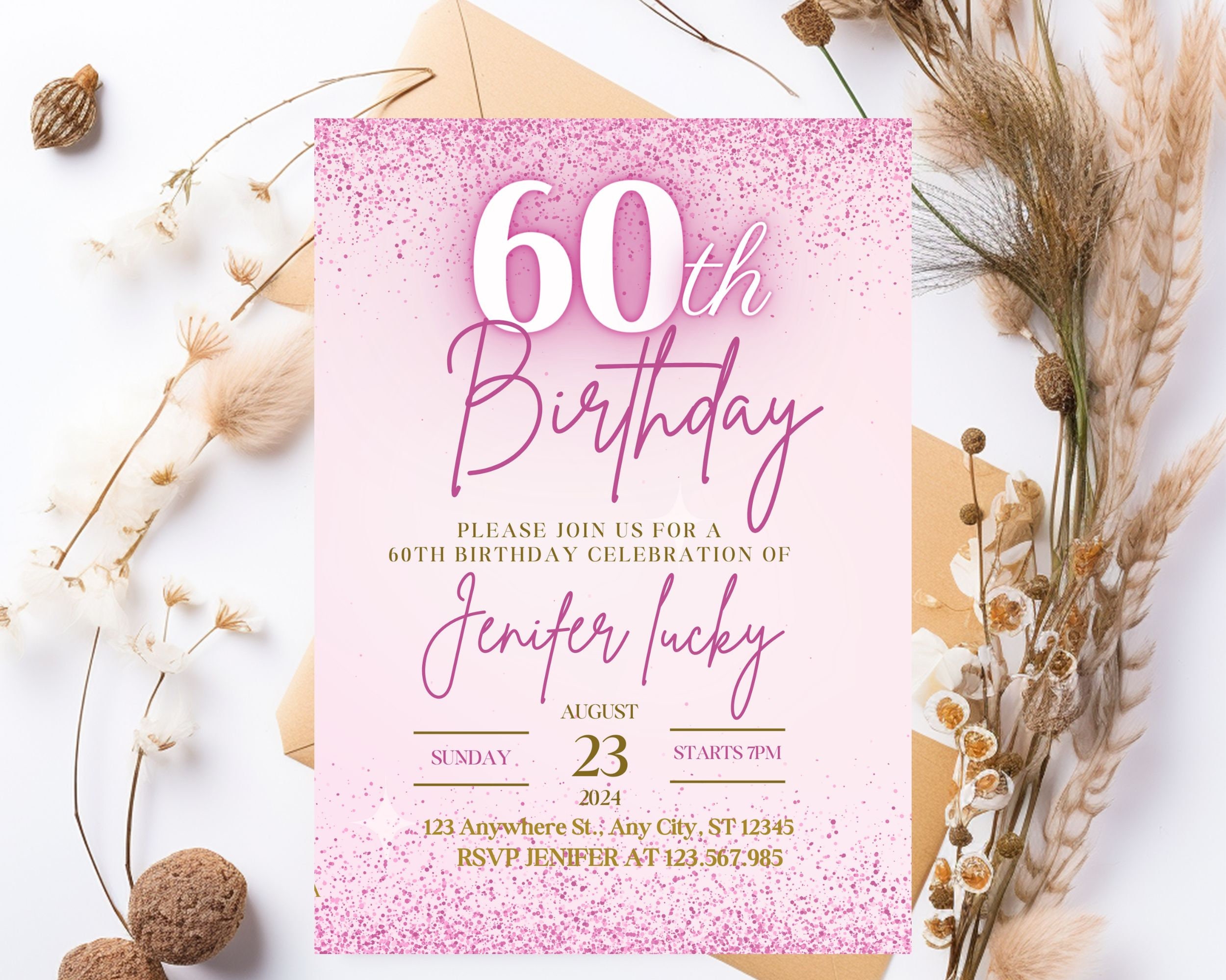 60th Birthday Invitation Card, Printable Rose Gold Sixty and Fabulous ...
