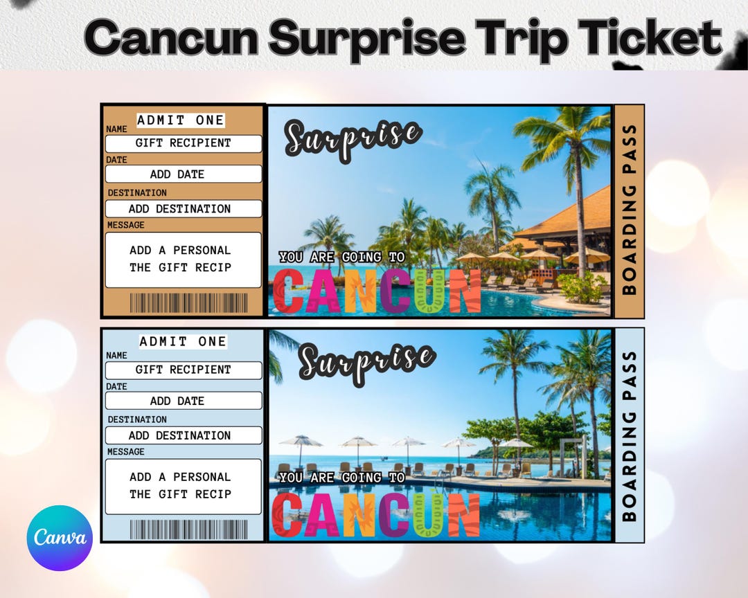 Cancun Surprise Trip Ticket, Printable Vacation Gift Ticket, Birthday ...