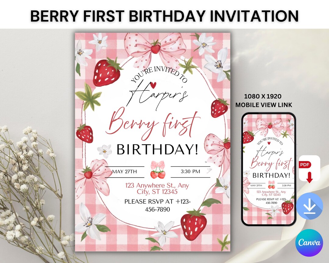 Berry First Birthday Invitation | Strawberry Theme Girl Party Invite ...