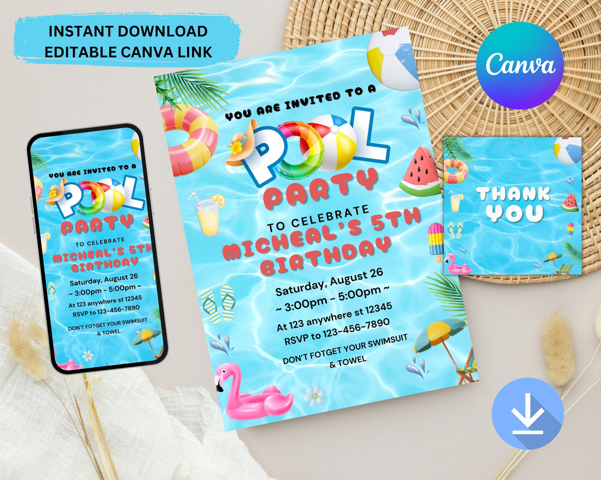 Editable Pool Party Invitation, Swim Party Invite, Tropical Birthday ...
