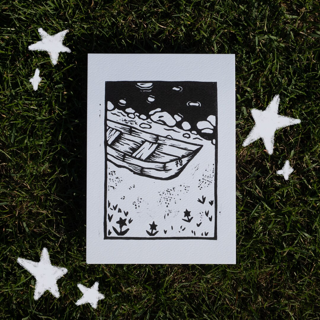 Sea Coast Linocut Print Handmade Seaside Boat A5 Size Wall Decor Living ...