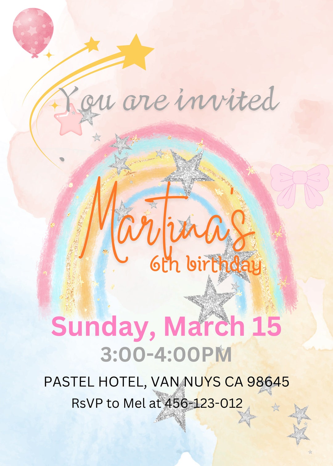 Pastel Birthday Invitation for Girls,rainbow Birthday Invitation for ...