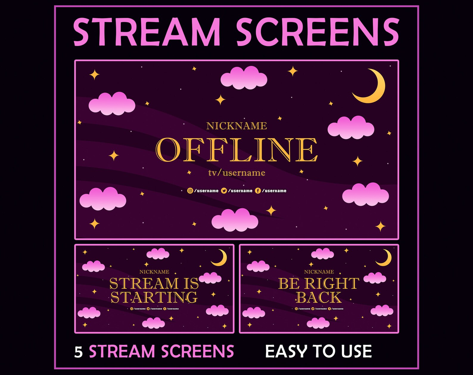 5x Cute Twitch Overlays for Stream Moon Clouds Offline,starting,ending ...