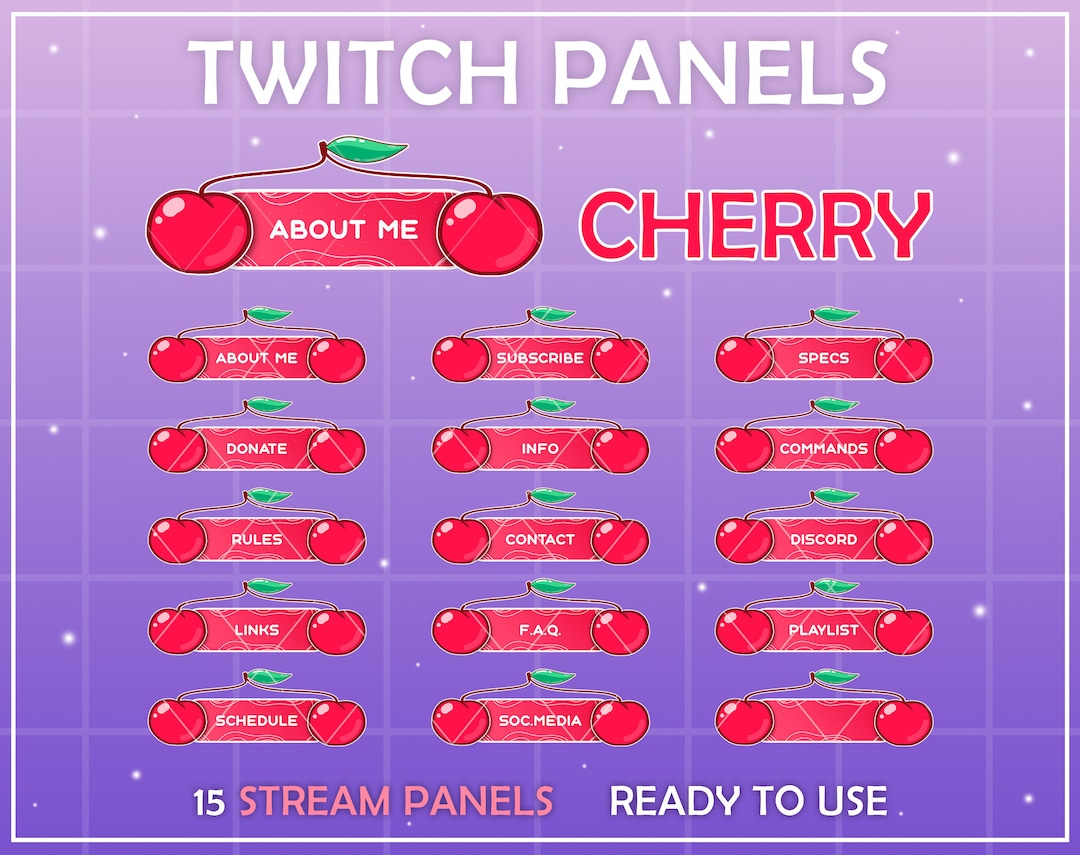 Twitch Cherry Panels Overlay . Badges Cute Kawaii Panels for Streaming. Twitch Package Overlays ...