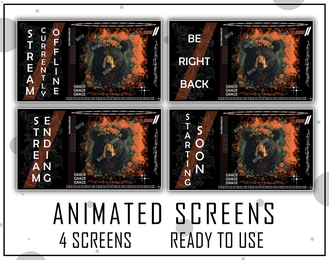 ANIMATED Package 4x Twitch Screens Cute Bear With Flowers for Stream ...