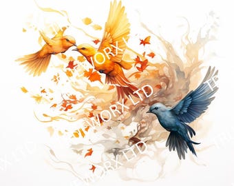 Flying Birds With Fall Leaves PNG - Etsy