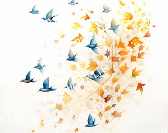 Flying Birds With Fall Leaves PNG - Etsy