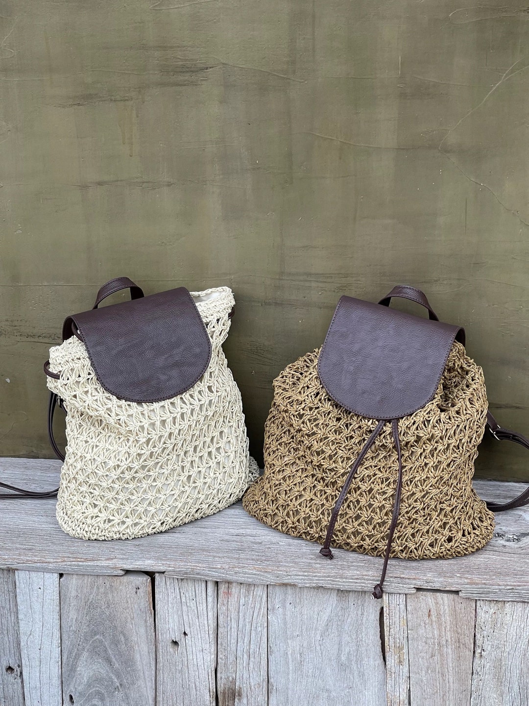 Straw Wicker Woven Backpack Summer Backpack Purse Bohemian Drawstring ...