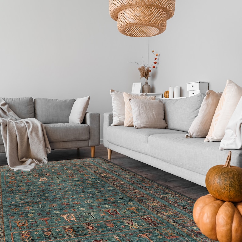 Green Vintage Style Rug/ Antique Look Floral Teppich/ Non-slip Bohemian ...