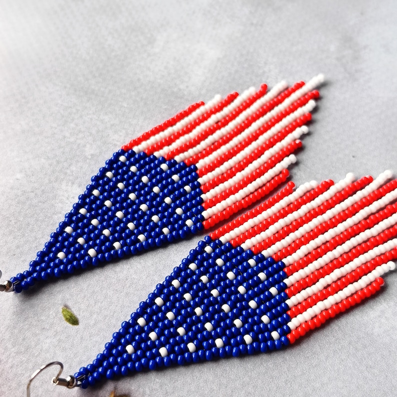 4th of July Beaded Earrings, American Flag Earrings, Patriotic Seed ...