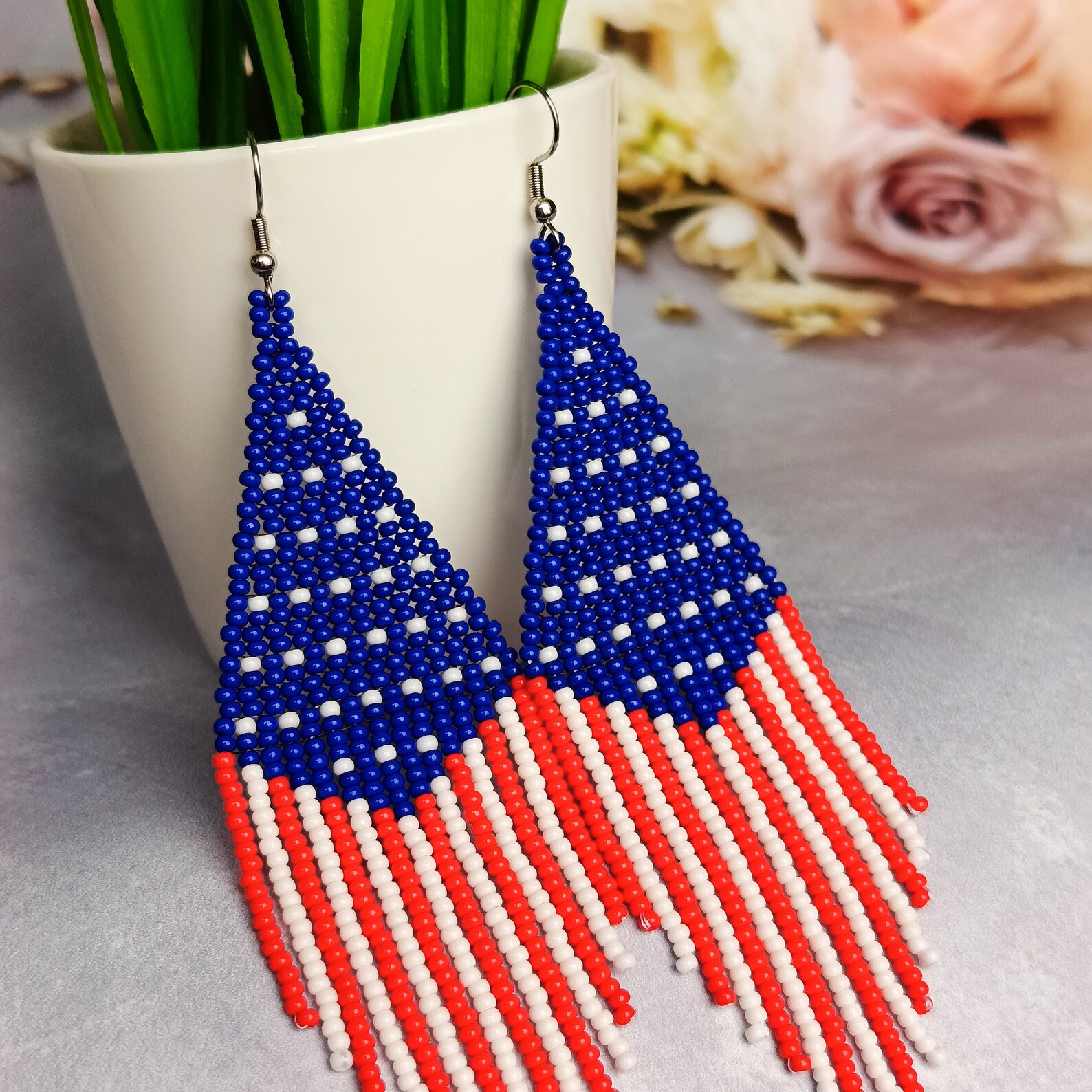 4th of July Beaded Earrings, American Flag Earrings, Patriotic Seed ...