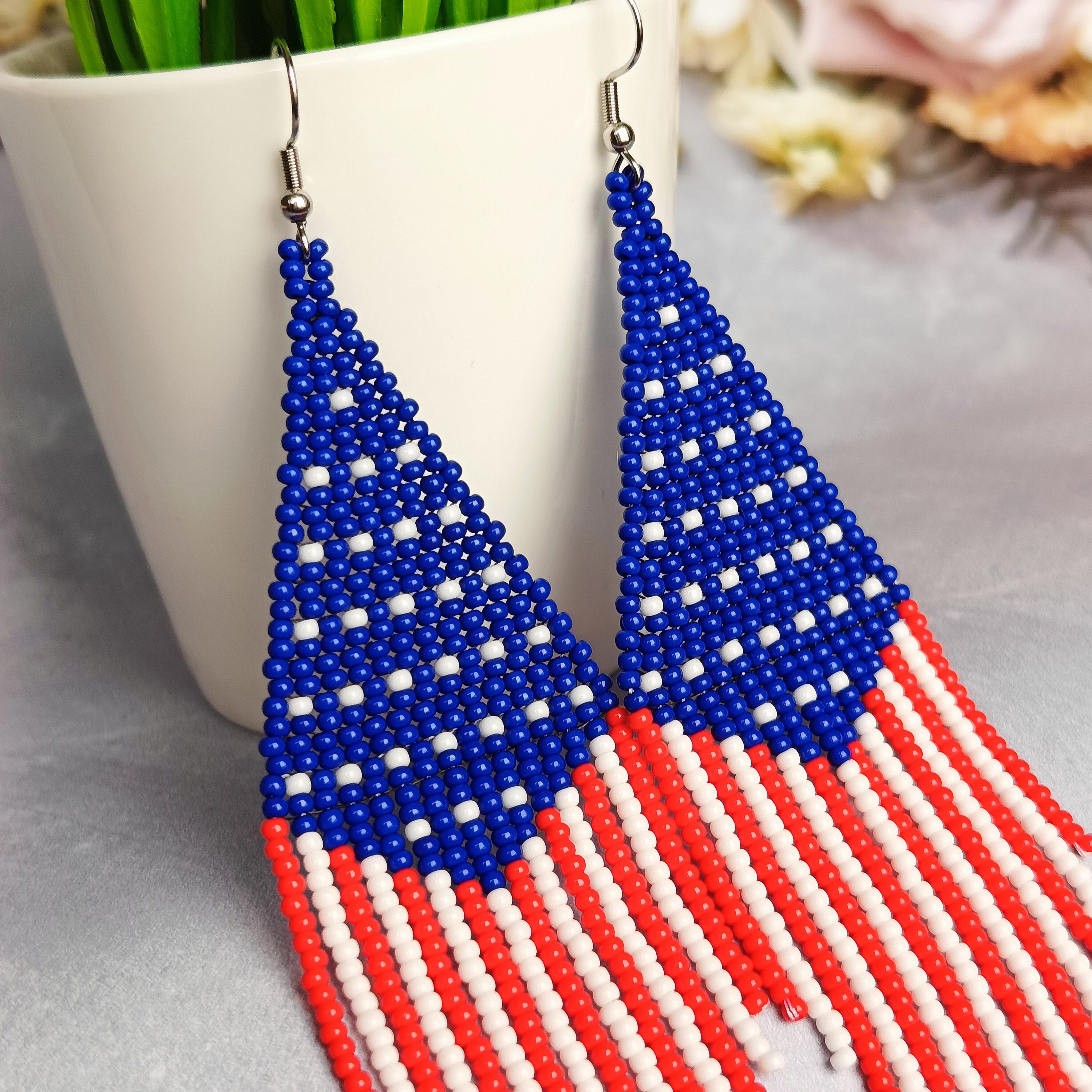 4th of July Beaded Earrings, American Flag Earrings, Patriotic Seed ...
