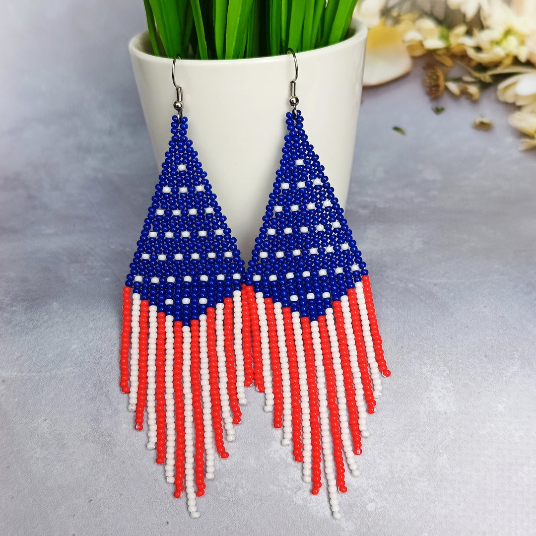 4th of July Beaded Earrings, American Flag Earrings, Patriotic Seed ...