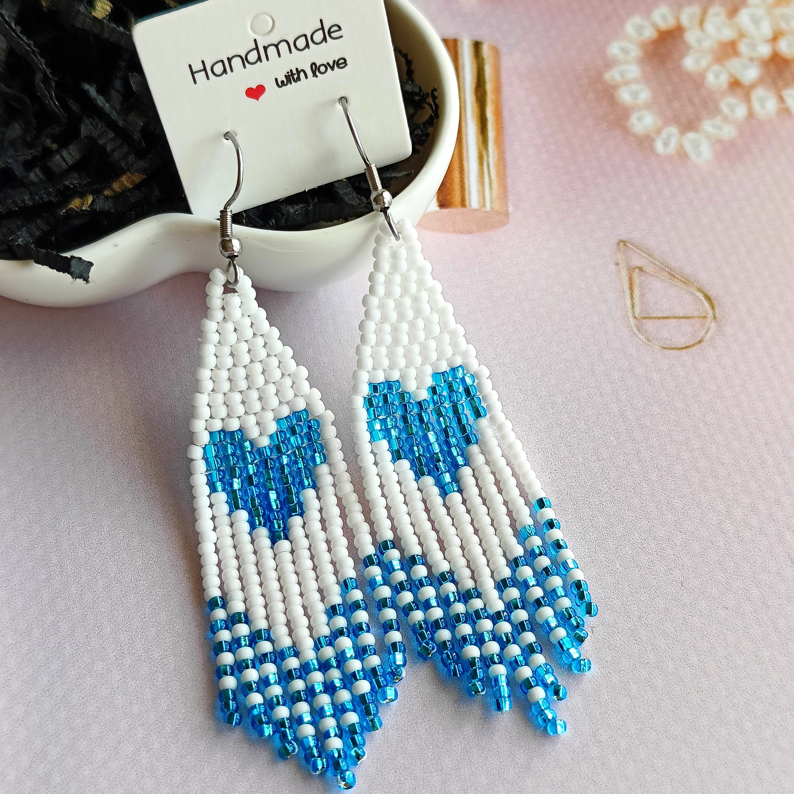 Valentine Beaded Earrings, Romantic Seed Bead Earrings, Dangle Beaded Heart Earrings, Love ...