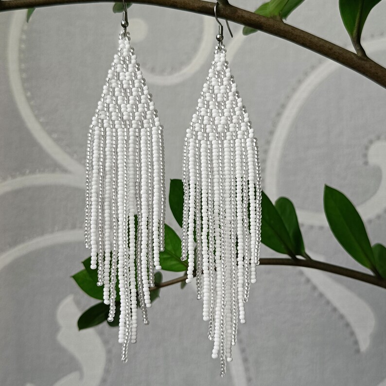 White Beaded Earrings Seed Bead Earrings White Silver Chandelier ...
