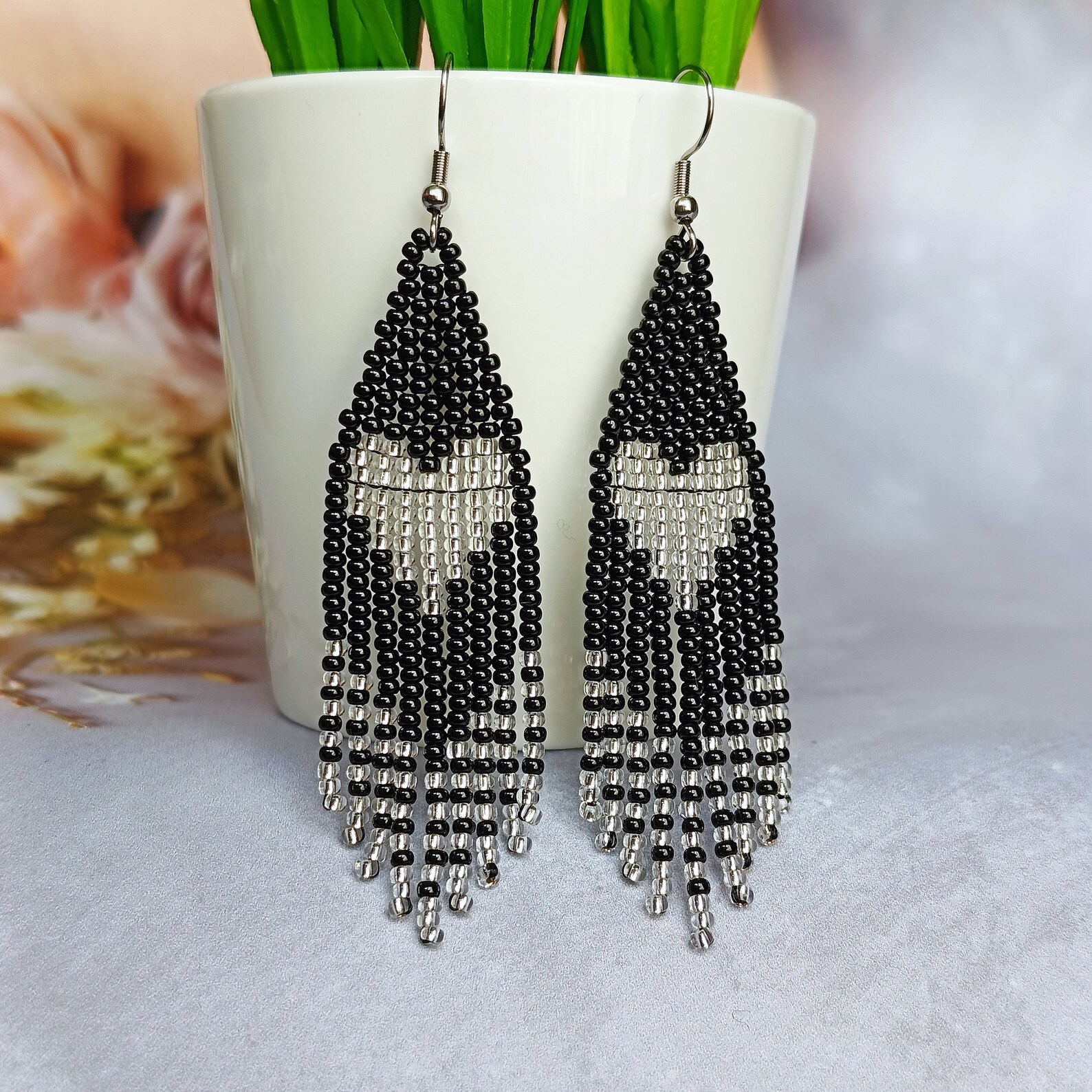 Valentine Beaded Earrings, Romantic Seed Bead Earrings, Dangle Beaded Heart Earrings, Love ...