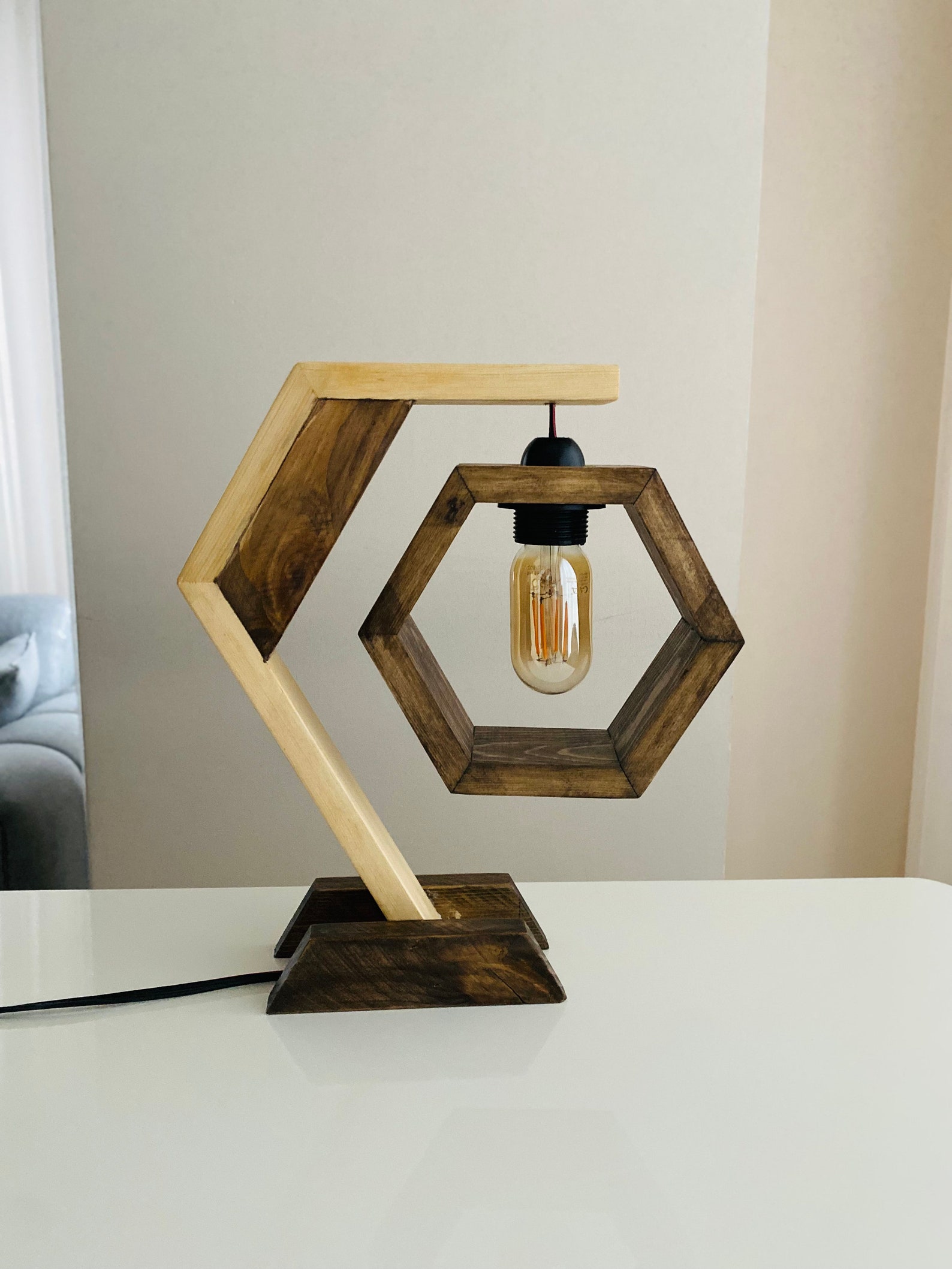 Hexagon Wooden Table Lamp, Modern Rustic Light, Handmade House Living ...