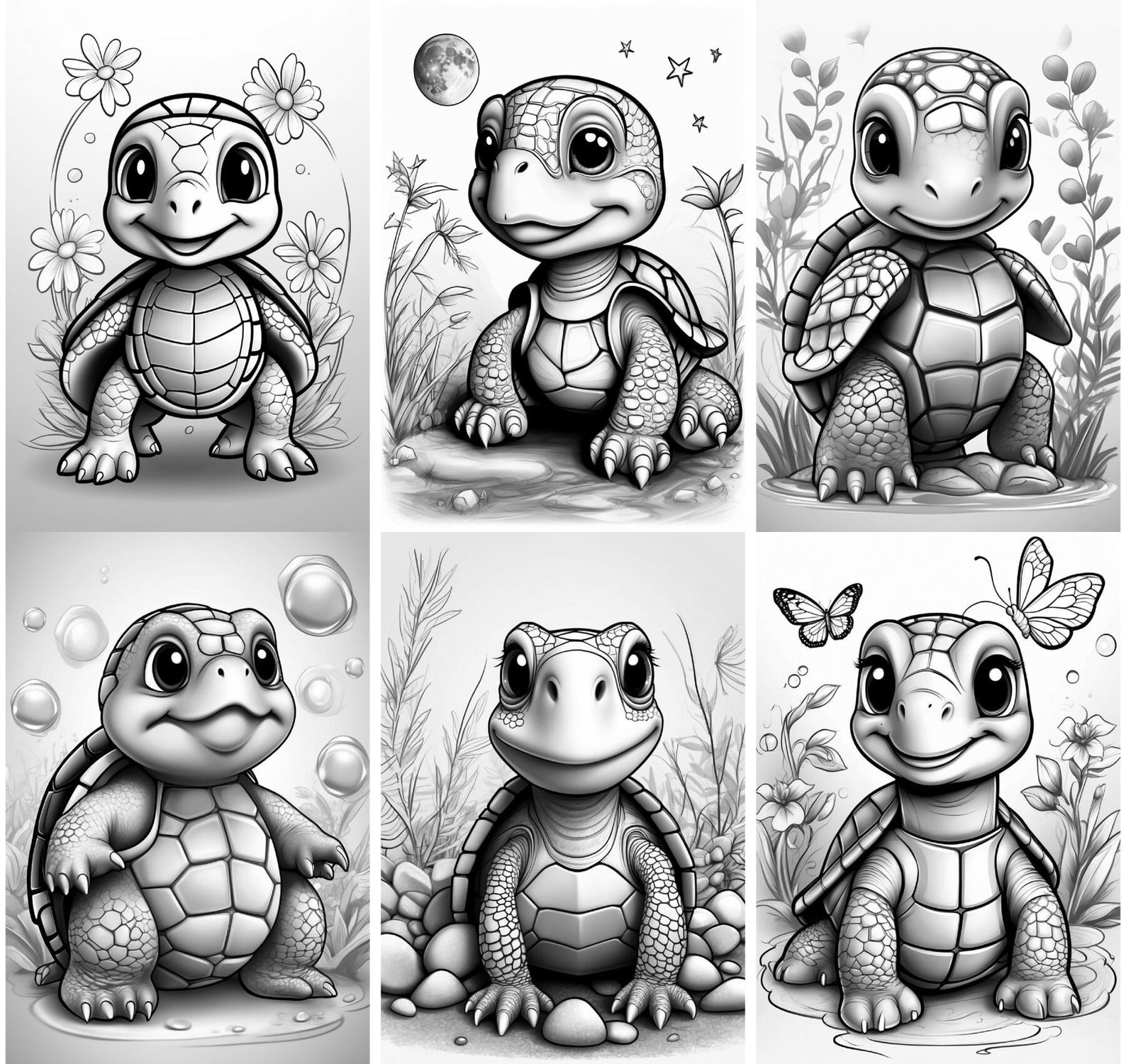 40 Kawaii Turtles Coloring Book, Fantasy Colouring Adults Kids Instant ...