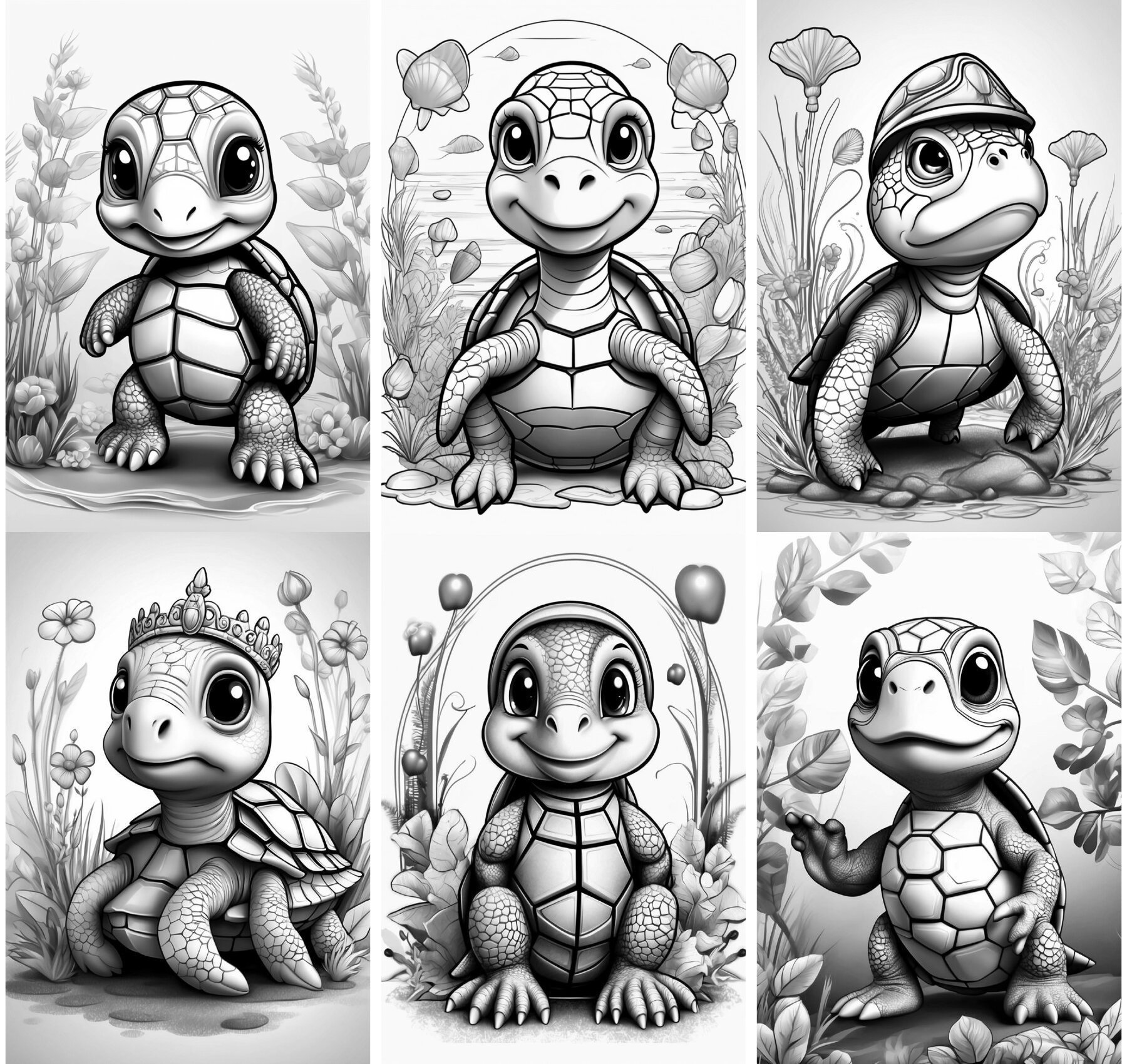 40 Kawaii Turtles Coloring Book, Fantasy Colouring Adults + Kids ...