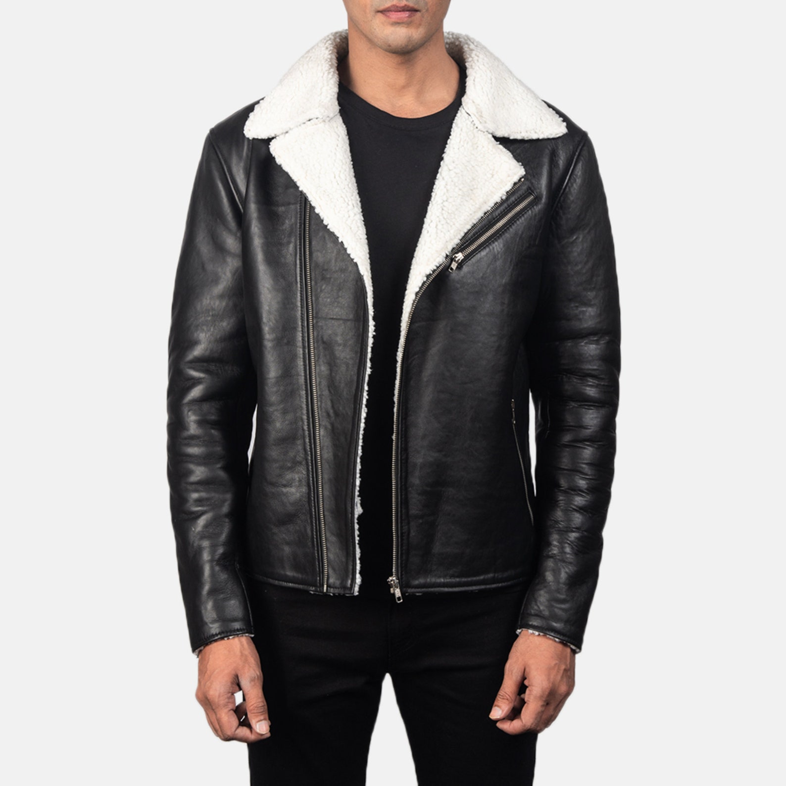 Alberto White Shearling Black Leather Jacket - Etsy