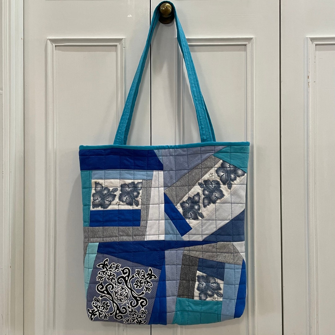 Handmade Quilted Tote Bag, Blue and Turquoise Quilted Tote Bag - Etsy