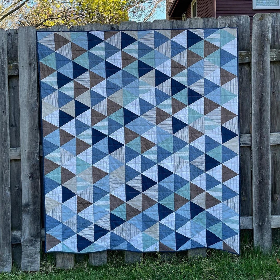 Blue Teal and Brown Handmade Triangle Throw Quilt, Patchwork Quilt - Etsy
