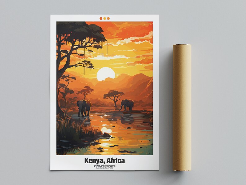 Kenya Travel Poster, Kenya Africa Poster, Elephants Illustration Wall ...