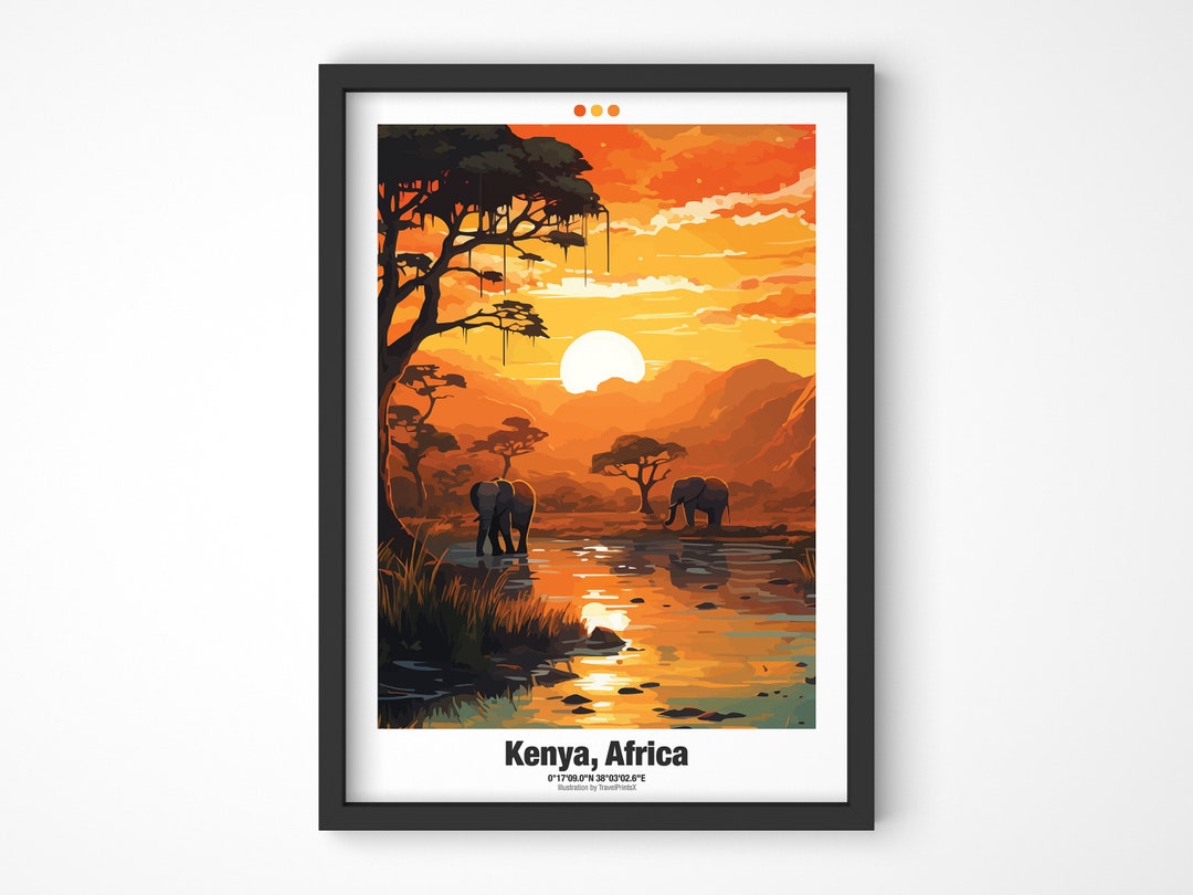 Kenya Travel Poster, Kenya Africa Poster, Elephants Illustration Wall ...