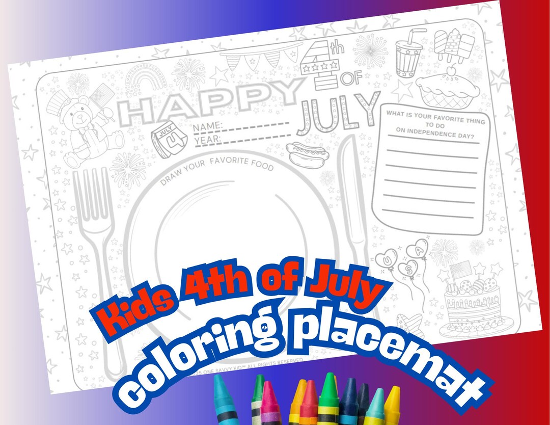 4th of July Coloring Placemat for Kids Independence Day Craft Activity ...