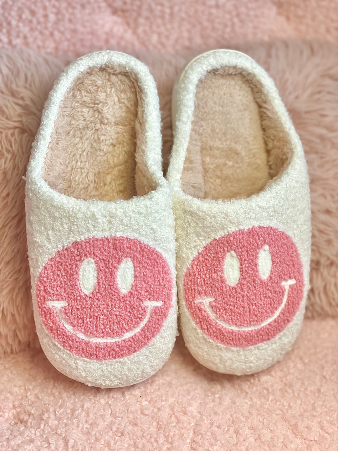 Smiley Face Slippers Pink Slippers Women Slippers For Women House Shoes Pink Smiley Face Etsy