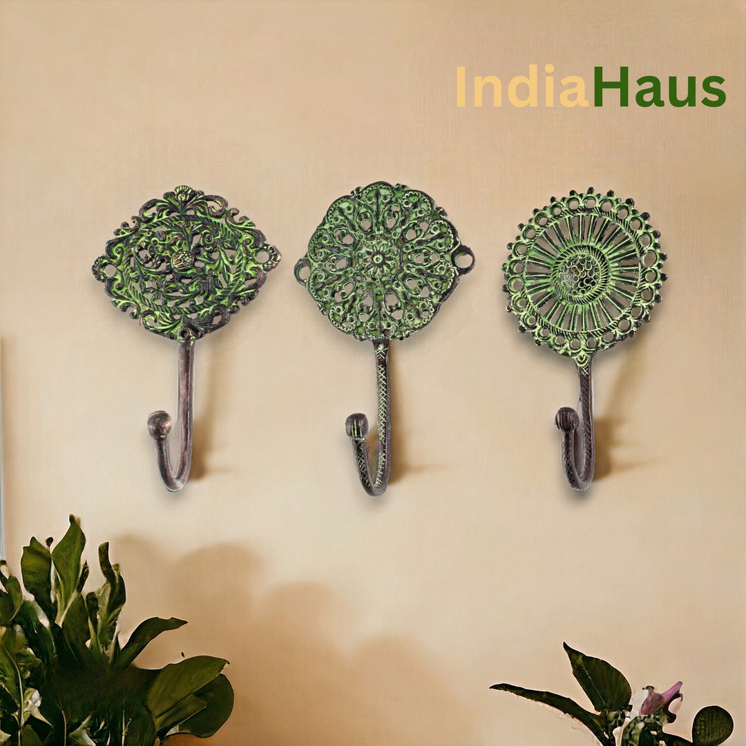 Green Mandala Wall Hooks Boho Brass Hooks Rustic Key Hooks Coat Rack ...