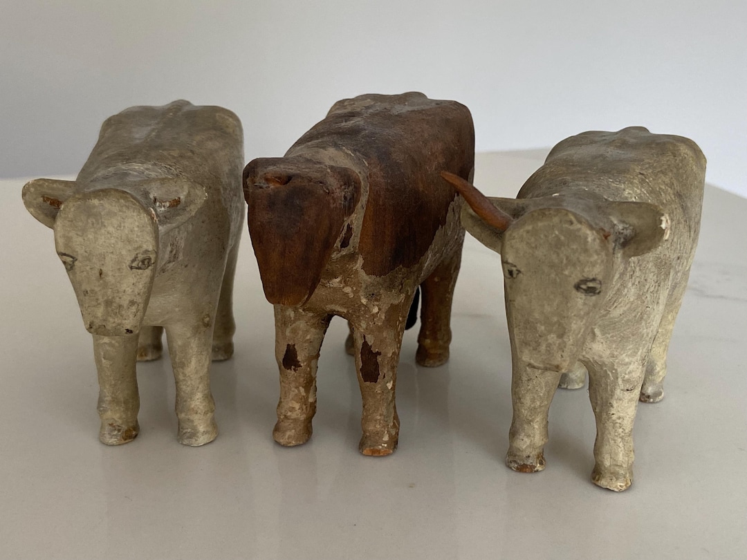 Vintage Hand-carved Wooden Animal Set (5) With Flat Faces, Rustic ...