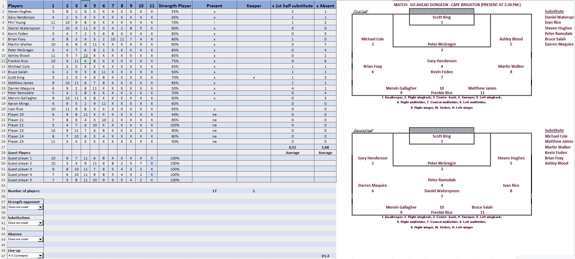 Excel Automatic Football Lineup Generator - Etsy