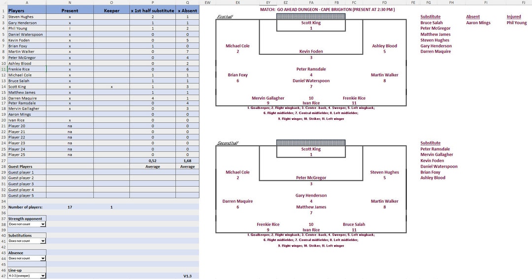 Excel Automatic Football Lineup Generator - Etsy