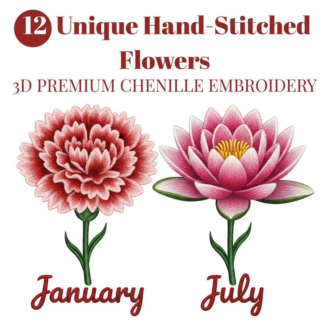 12 Birth Month Flower PNG Bundle, 3D Puff Chenille Embroidery Look ...