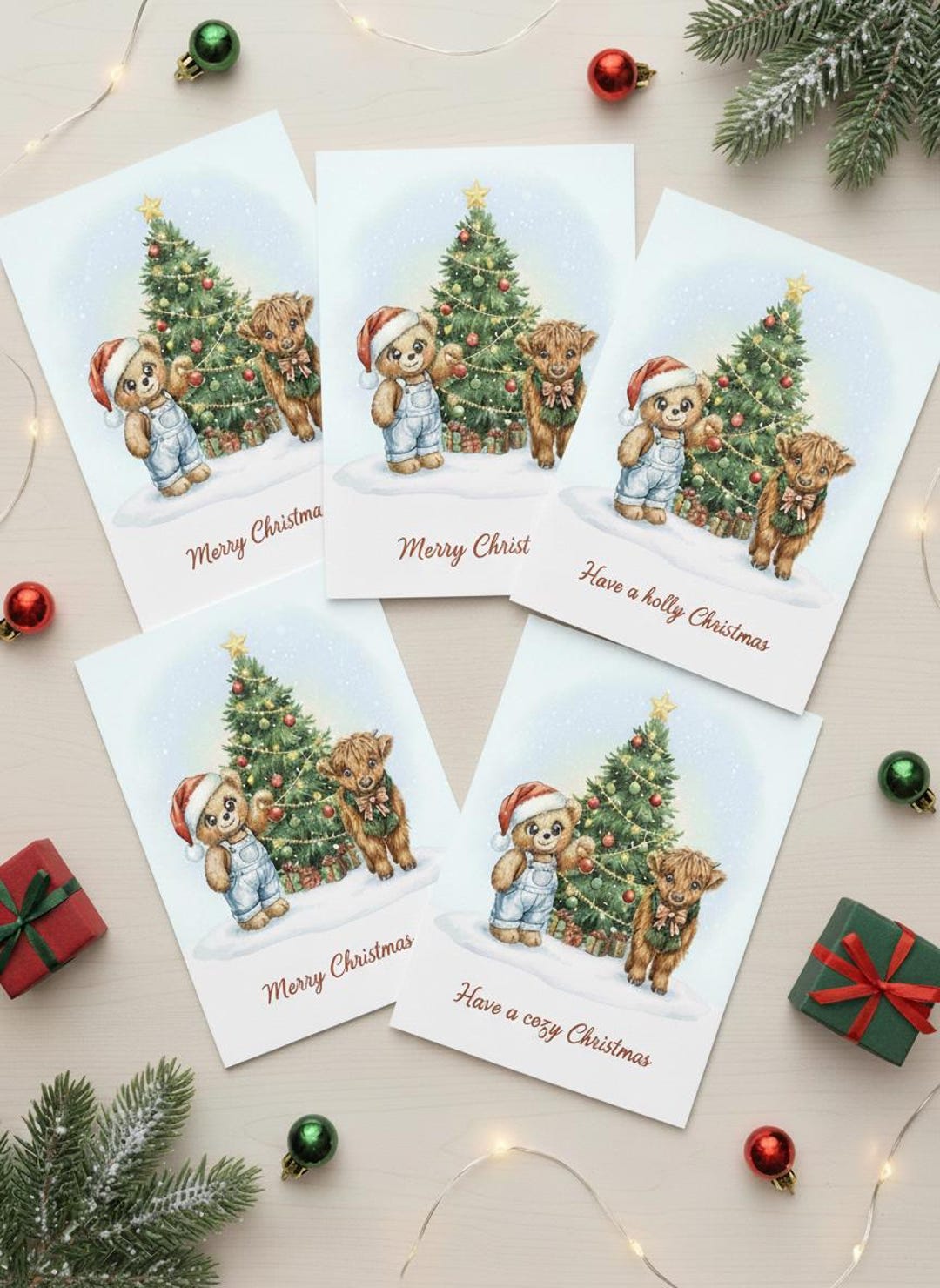 Highland Cow & Teddy Bear Christmas Cards - Watercolor Holiday Set ...